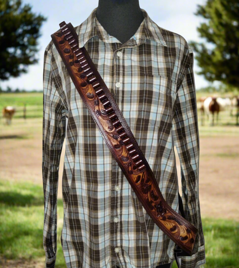 Handcrafted Two Tone Brown Tan Hand Tooled Leather Ammo Bandolier Handcrafted Two Tone Brown Tan Hand Tooled Leather Ammo Bandolier
